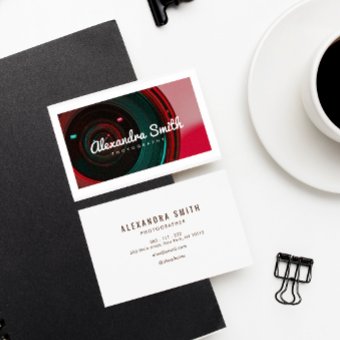modern camera neon white script photography business card | Zazzle
