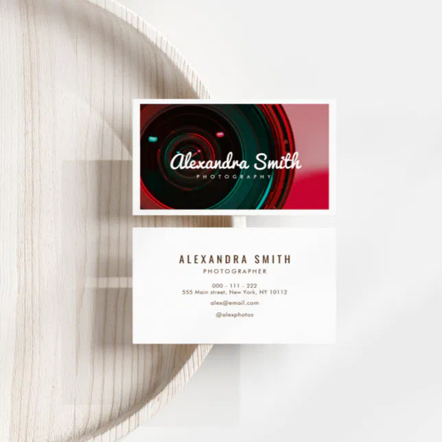 modern camera neon white script photography business card | Zazzle