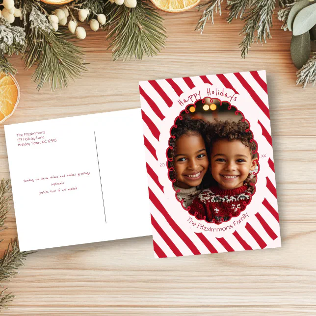 Modern Candy Cane Stripe Christmas Photo Postcard | Zazzle