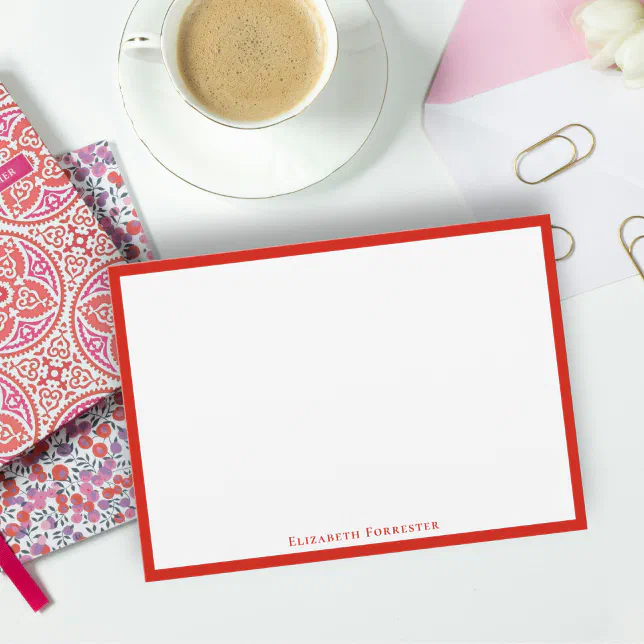 Modern Candy Red Border Flat Note Card | Zazzle