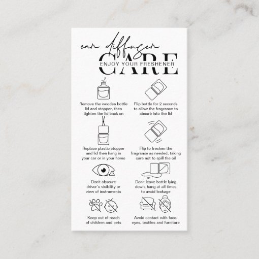 Modern Car Hanging Diffuser Care Instructions Business Card | Zazzle