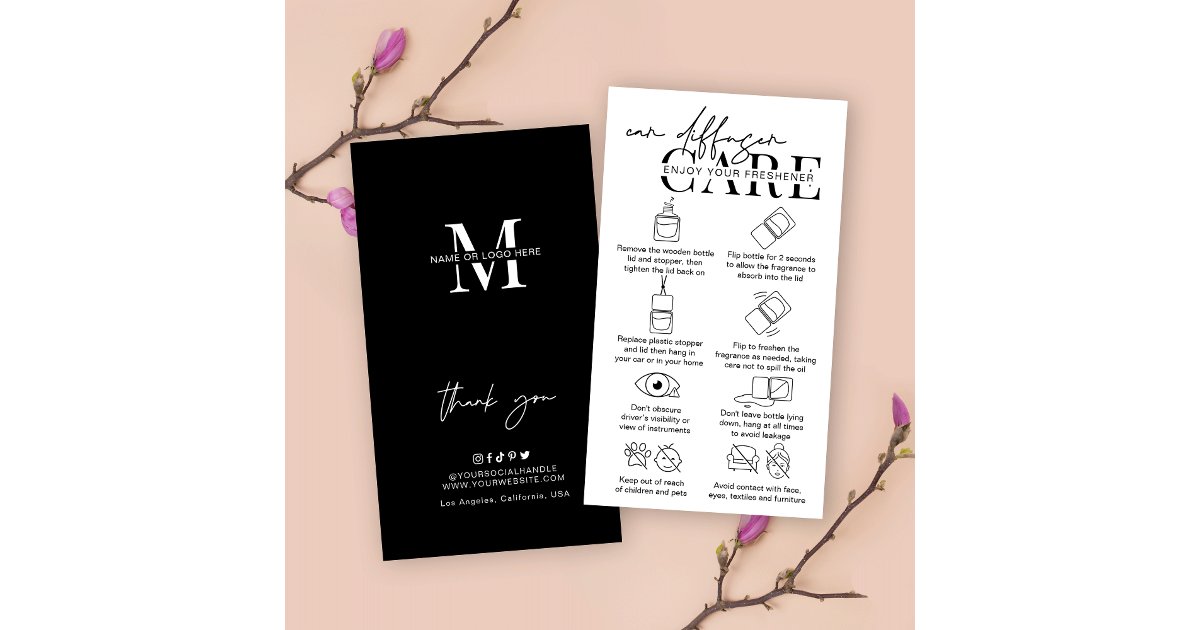 Modern Car Hanging Diffuser Care Instructions Business Card | Zazzle