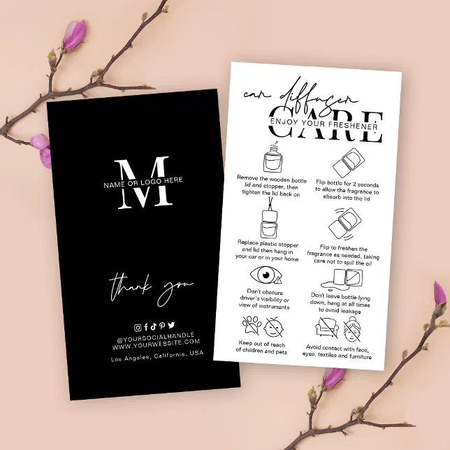 Modern Car Hanging Diffuser Care Instructions Business Card | Zazzle