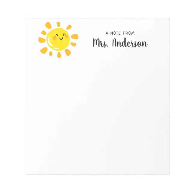 Modern Cartoon Smiling Yellow Sun Cute Teacher Notepad | Zazzle