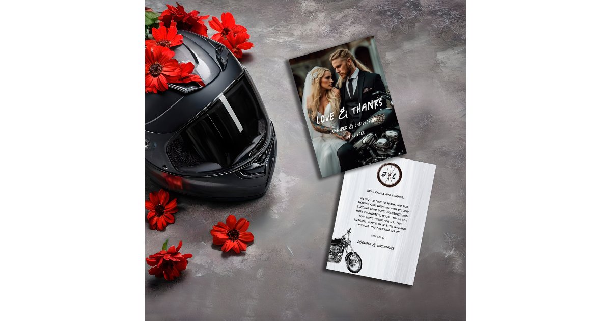 Modern Casual Biker Wedding Motorcycle Theme Thank You Card | Zazzle
