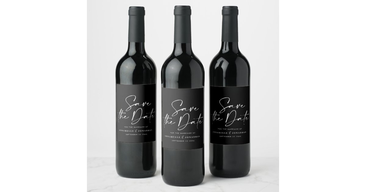 Modern casual script black typography wedding wine label | Zazzle
