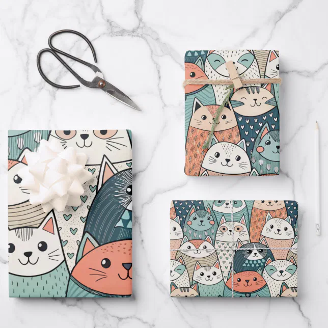 Modern Cat Characters Pattern Wrapping Paper Sheets | Zazzle