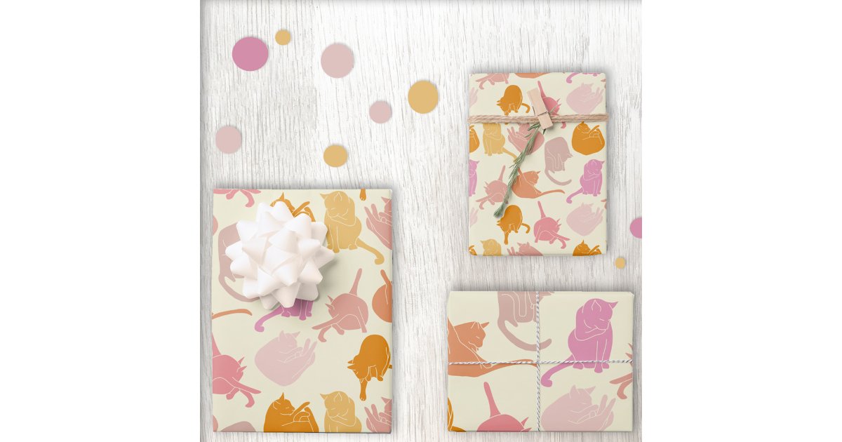 Modern Cat Pattern Pink Orange Wrapping Paper Sheets | Zazzle