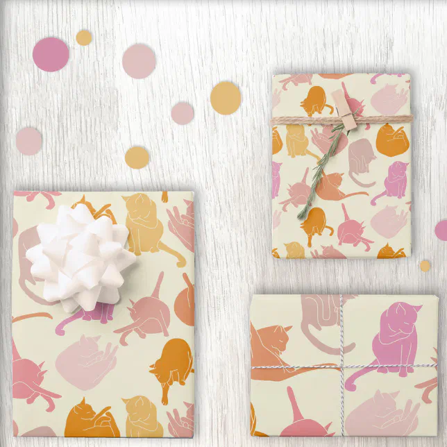 Modern Cat Pattern Pink Orange Wrapping Paper Sheets | Zazzle