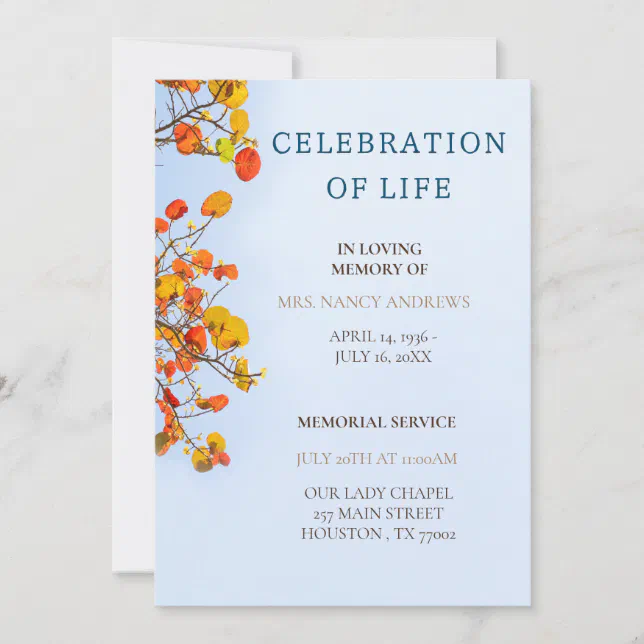 Modern celebration of life bereavement invitation | Zazzle