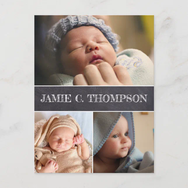 Modern Chalkboard Baby Boy Name Photos Birth Postcard | Zazzle