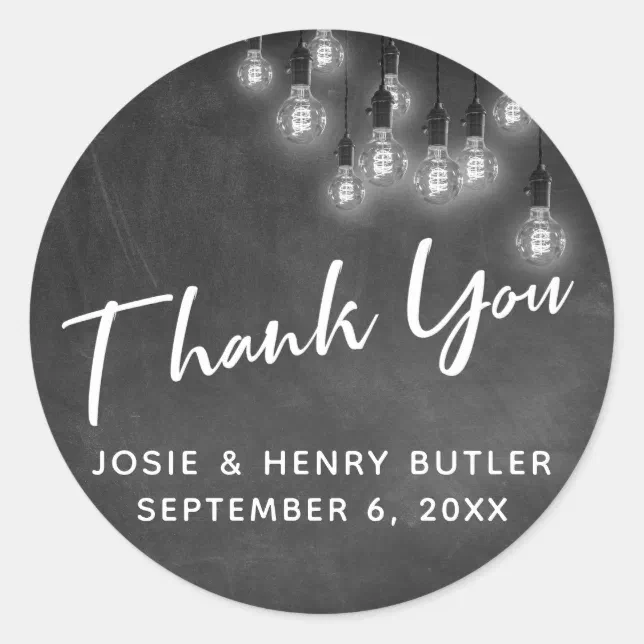 Modern Chalkboard & Edison Lights Thank You Classic Round Sticker | Zazzle