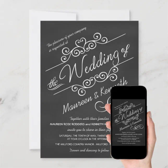 Modern Chalkboard Fancy Scrolls Wedding Invitation | Zazzle