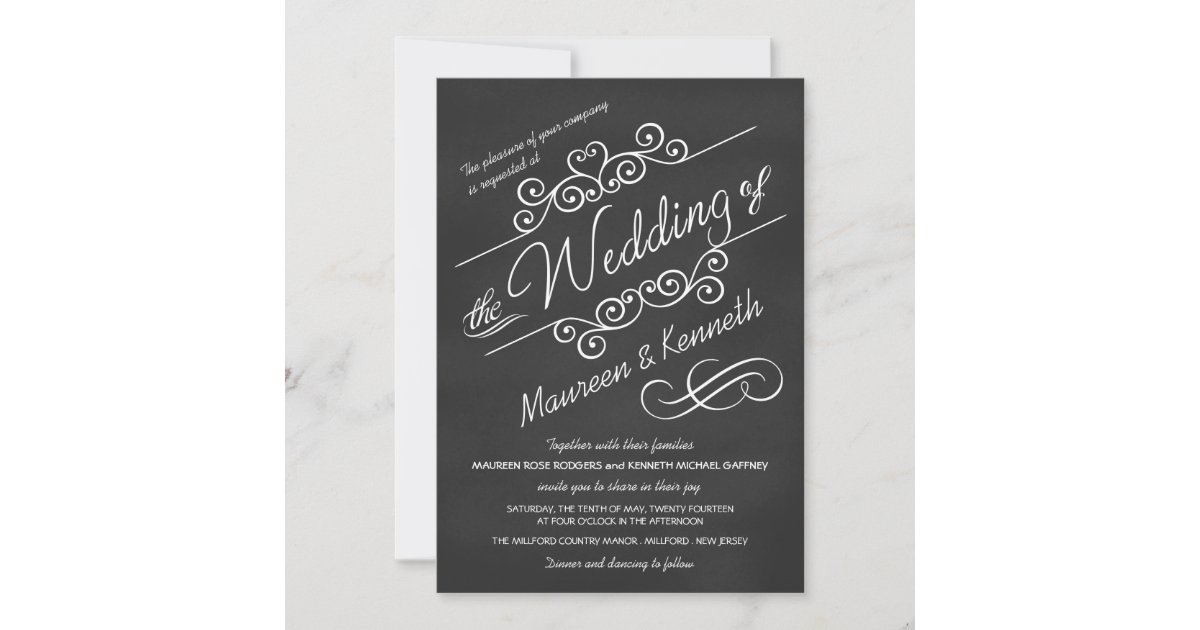 Modern Chalkboard Fancy Scrolls Wedding Invitation | Zazzle