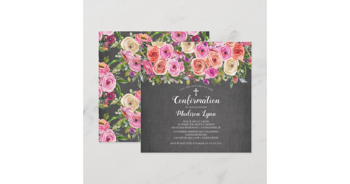 Modern Chalkboard Pink Floral Confirmation Invitation | Zazzle
