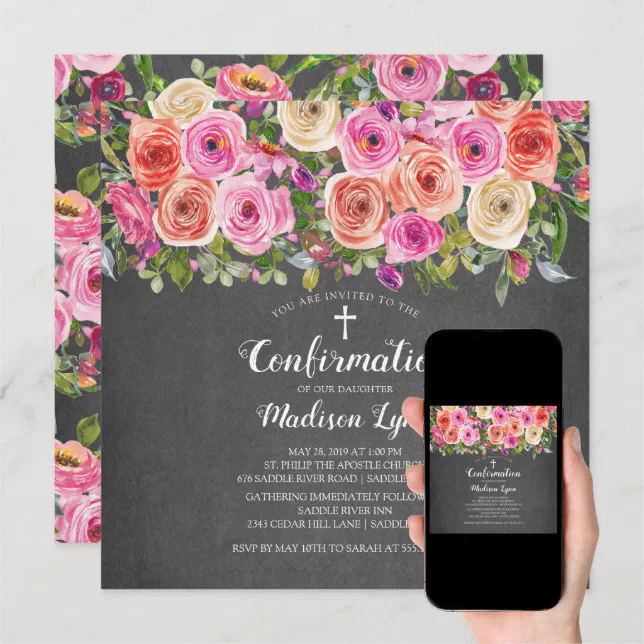 Modern Chalkboard Pink Floral Confirmation Invitation | Zazzle