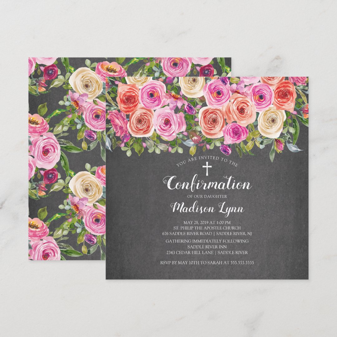 Modern Chalkboard Pink Floral Confirmation Invitation | Zazzle