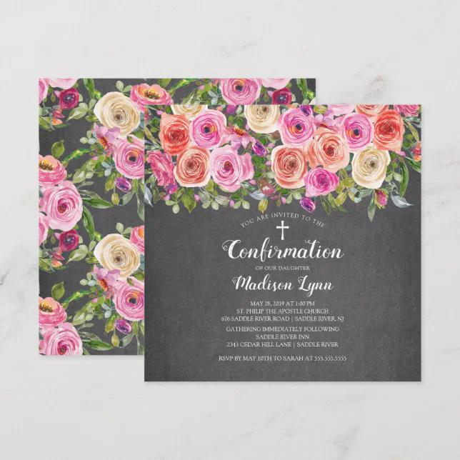 Modern Chalkboard Pink Floral Confirmation Invitation | Zazzle