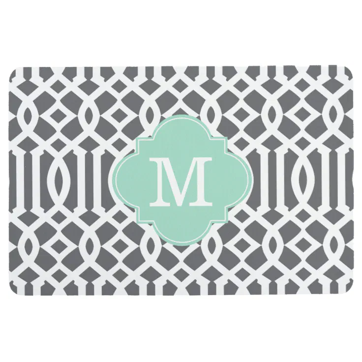 Modern Charcoal and Mint Trellis Custom Monogram Floor Mat | Zazzle