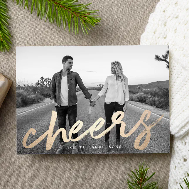 Modern Cheers Gold Luxe Photo Holiday Card | Zazzle