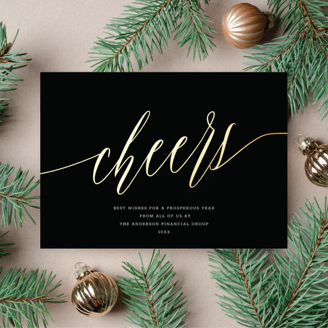 Modern Cheers Non-Photo Business Black Gold Foil Holiday Card | Zazzle