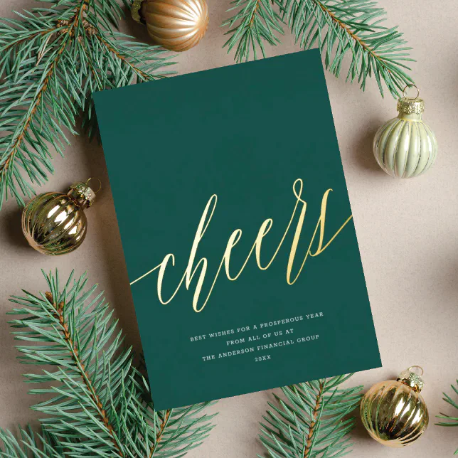 Modern Cheers Non-Photo Business Green Gold Foil Holiday Card | Zazzle