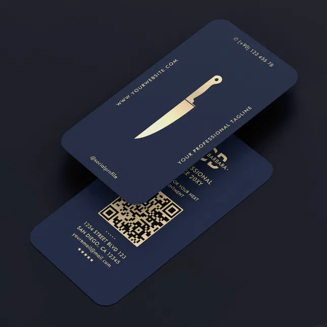 Modern Chef Navy Blue Gold Knife Butcher Business Card | Zazzle