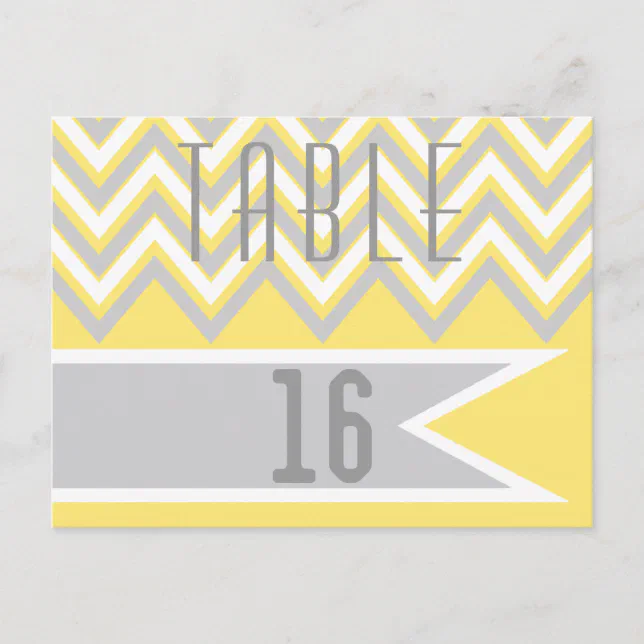 Modern chevron grey, yellow wedding table number | Zazzle