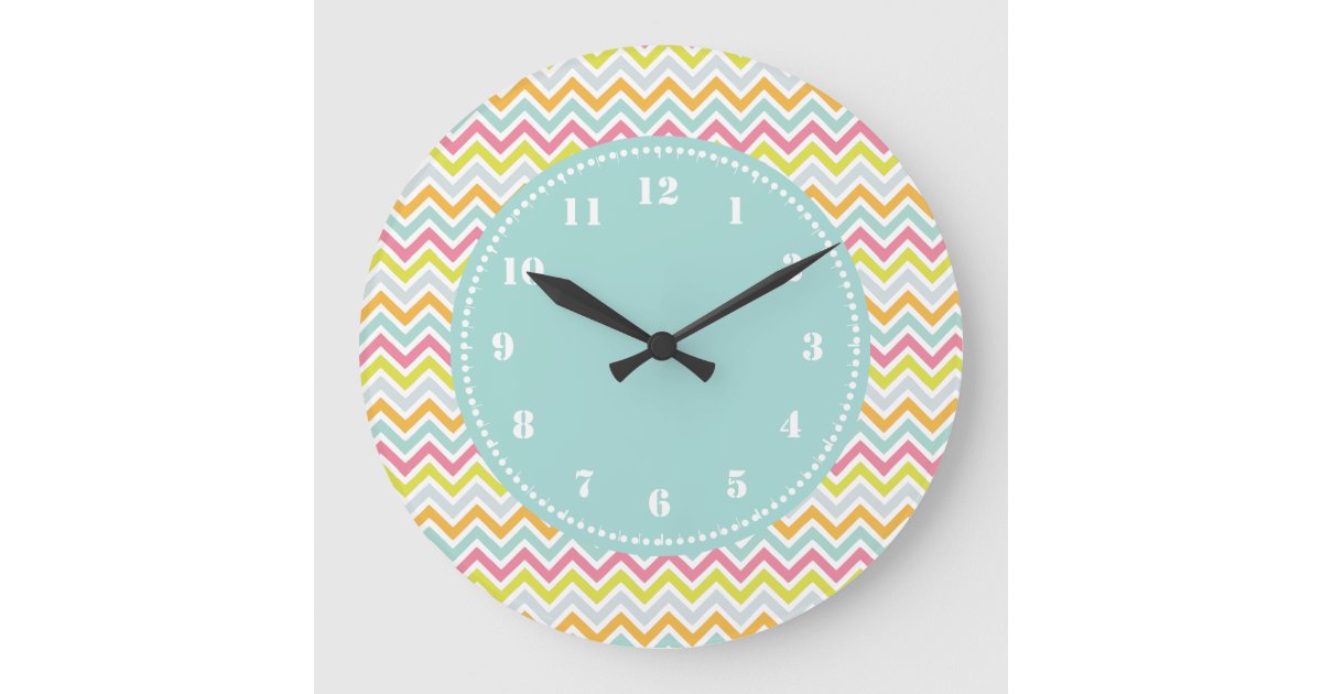 Modern Chevron Pattern Girly Rainbow Large Clock | Zazzle