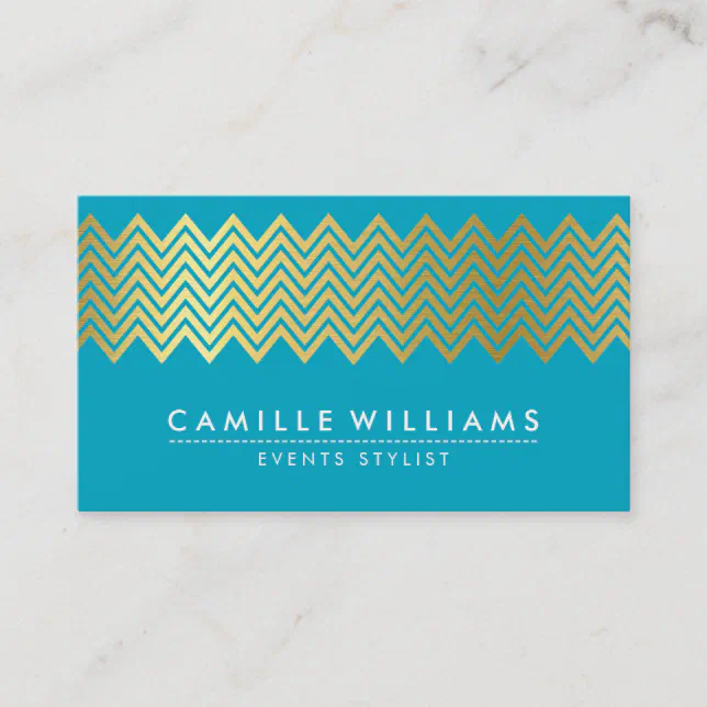 MODERN CHEVRON pattern gold foil turquoise blue Business Card | Zazzle