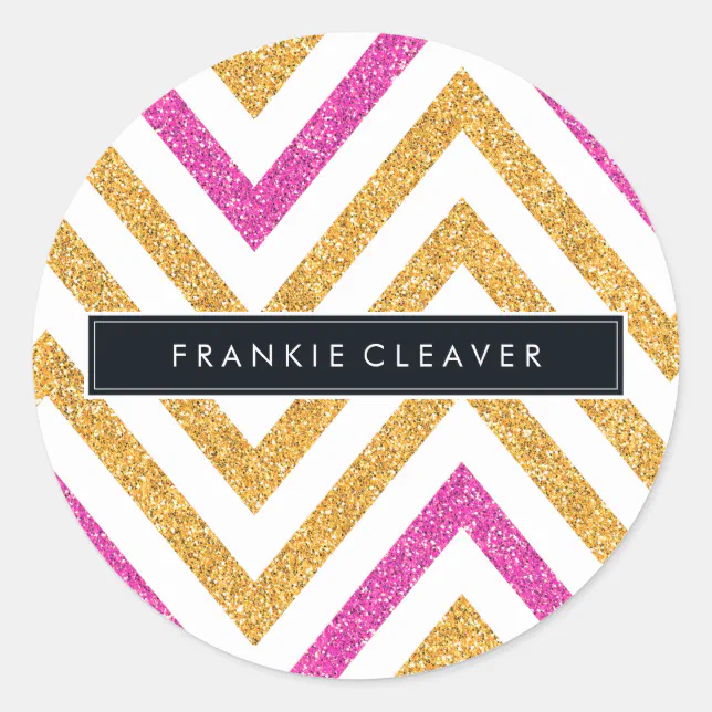 MODERN CHEVRON PATTERN gold pink glitter black Classic Round Sticker ...