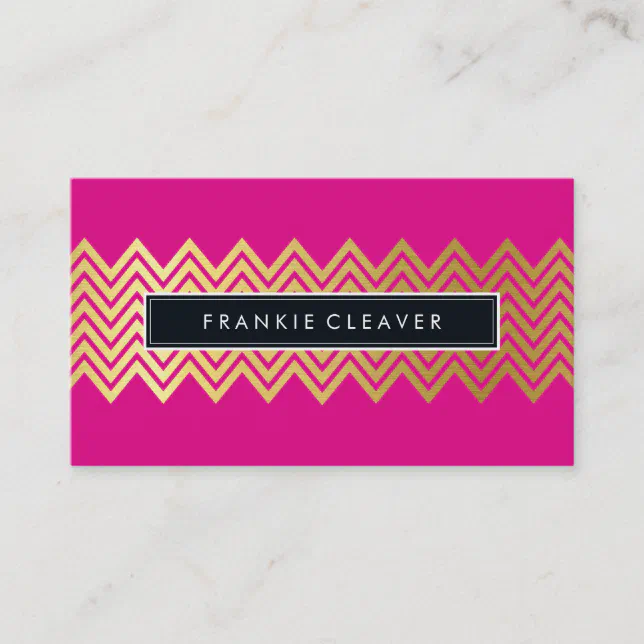 MODERN CHEVRON PATTERN trendy gold bright pink Business Card | Zazzle