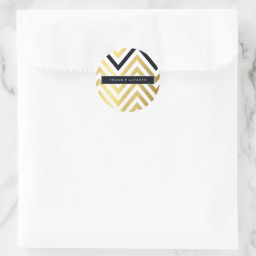 MODERN CHEVRON PATTERN trendy gold foil black Classic Round Sticker ...