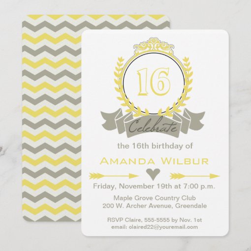 Modern Chevron Yellow Gray Birthday Invitation | Zazzle