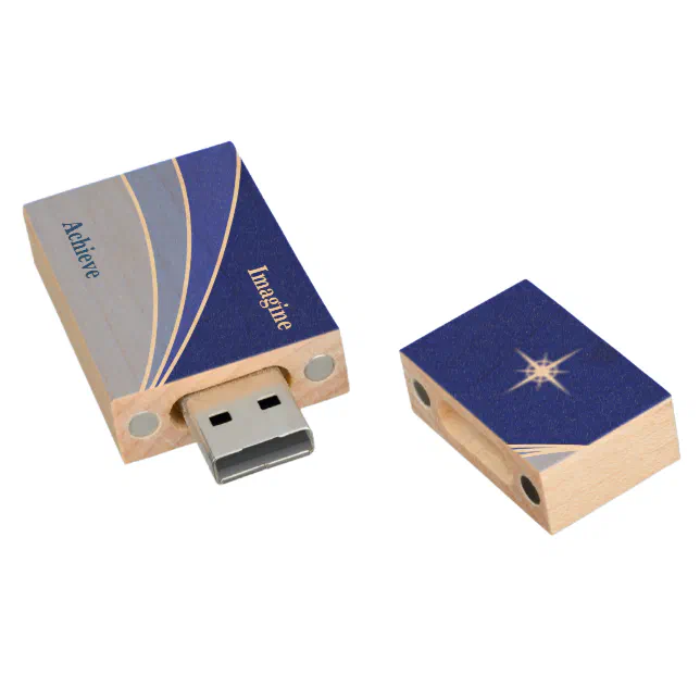 Modern chic abstract wavy lines on blue shades wood flash drive | Zazzle