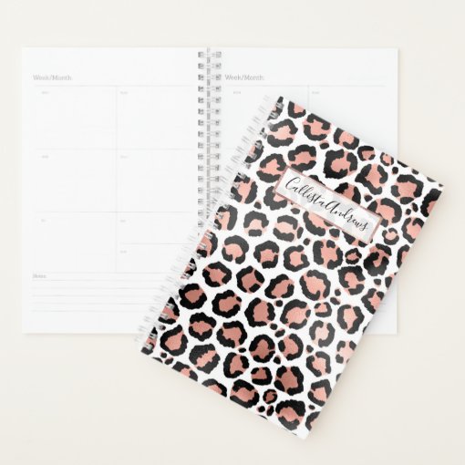 Modern Chic Black Rose Gold Foil Leopard Print Planner | Zazzle