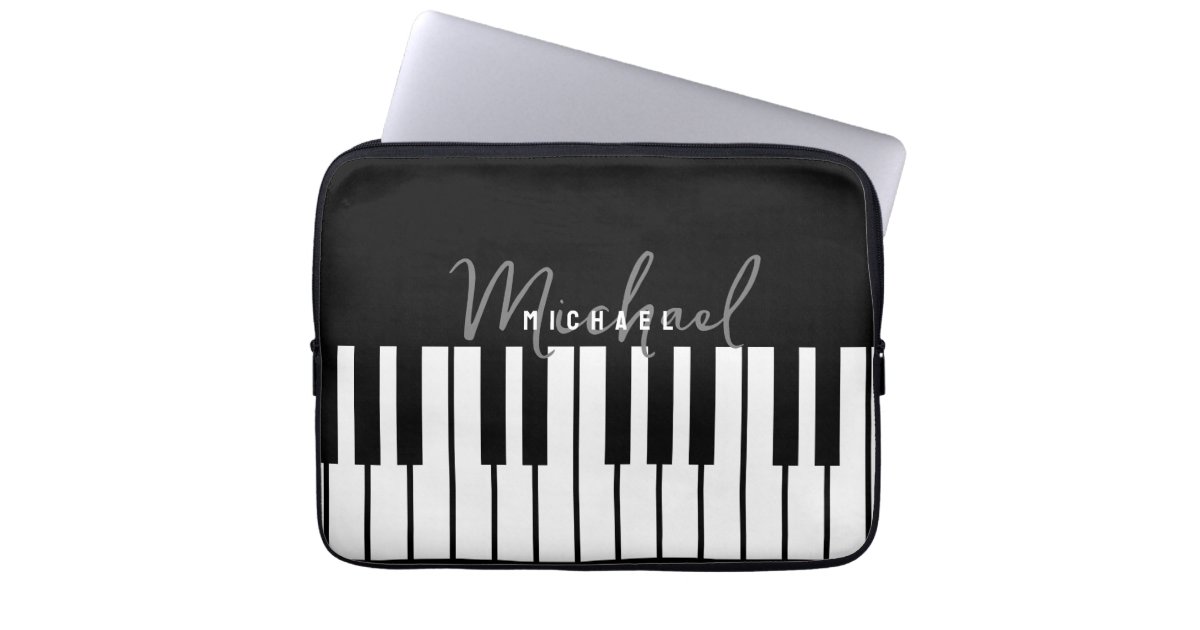 Modern Chic Black & White Piano Keyboard Monogram Laptop Sleeve | Zazzle