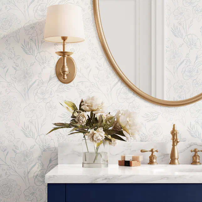 Modern Chic Blue Line Art Floral Foliage Pattern Wallpaper | Zazzle