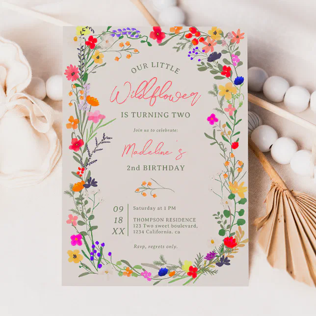 Modern chic boho bright wild flowers 2nd birthday invitation | Zazzle