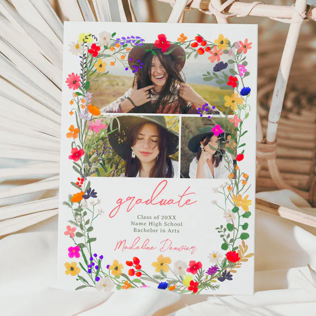 Modern chic boho bright wild flowers graduation announcement | Zazzle
