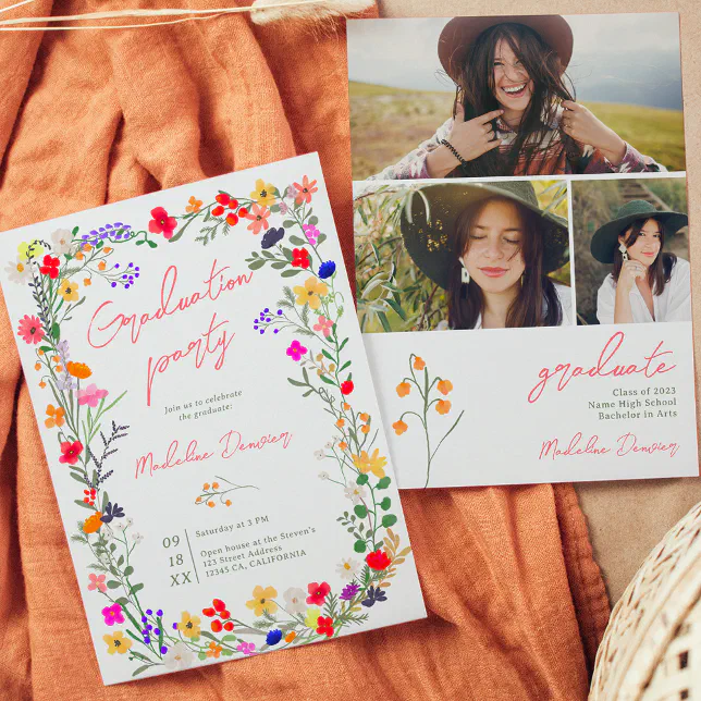 Modern chic boho bright wild flowers graduation invitation | Zazzle