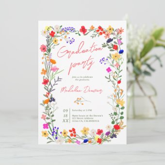 Modern chic boho bright wild flowers graduation invitation | Zazzle