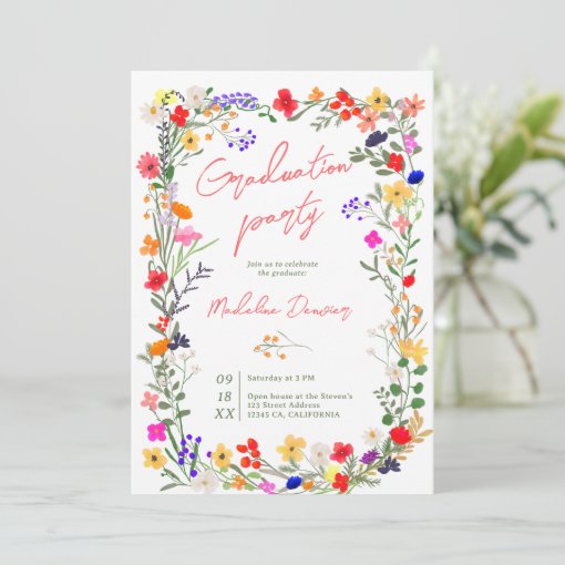 Modern chic boho bright wild flowers graduation invitation | Zazzle