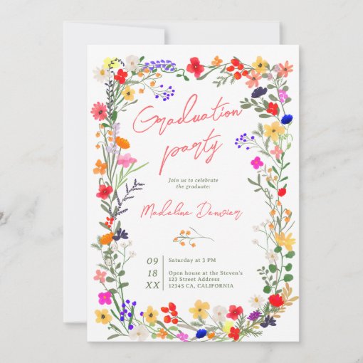 Modern chic boho bright wild flowers graduation invitation | Zazzle