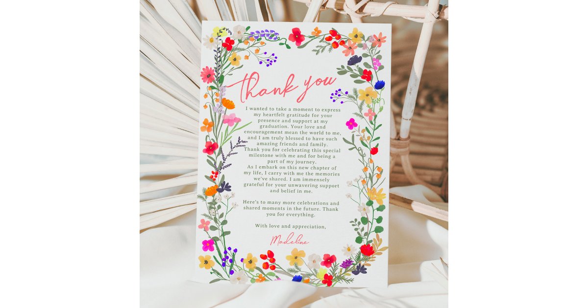 Modern chic boho bright wild flowers graduation thank you card | Zazzle