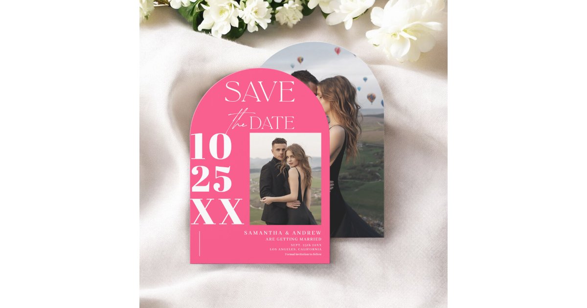 Modern chic bold script hot pink photos wedding save the date | Zazzle