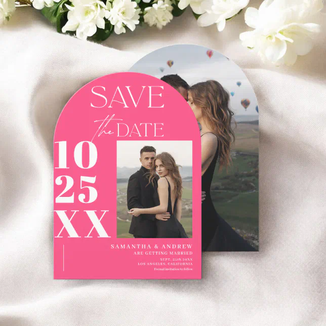 Modern chic bold script hot pink photos wedding save the date | Zazzle
