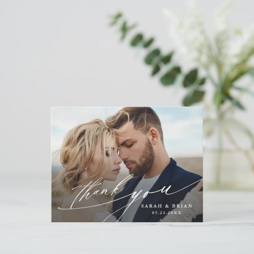 Modern Chic Calligraphy Wedding Photo Thank You Postcard | Zazzle