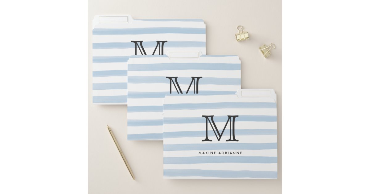 Modern Chic Dusty Blue Watercolor Stripes Monogram File Folder | Zazzle
