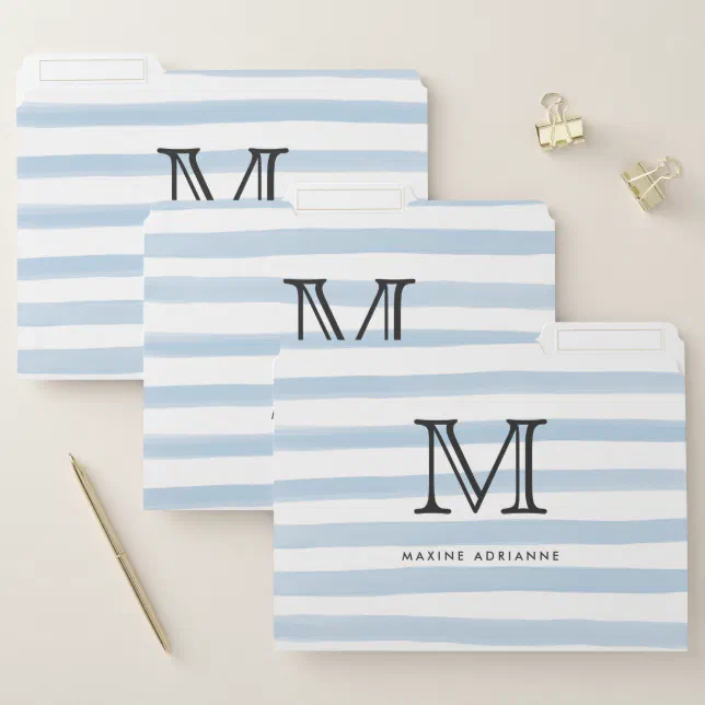 Modern Chic Dusty Blue Watercolor Stripes Monogram File Folder | Zazzle